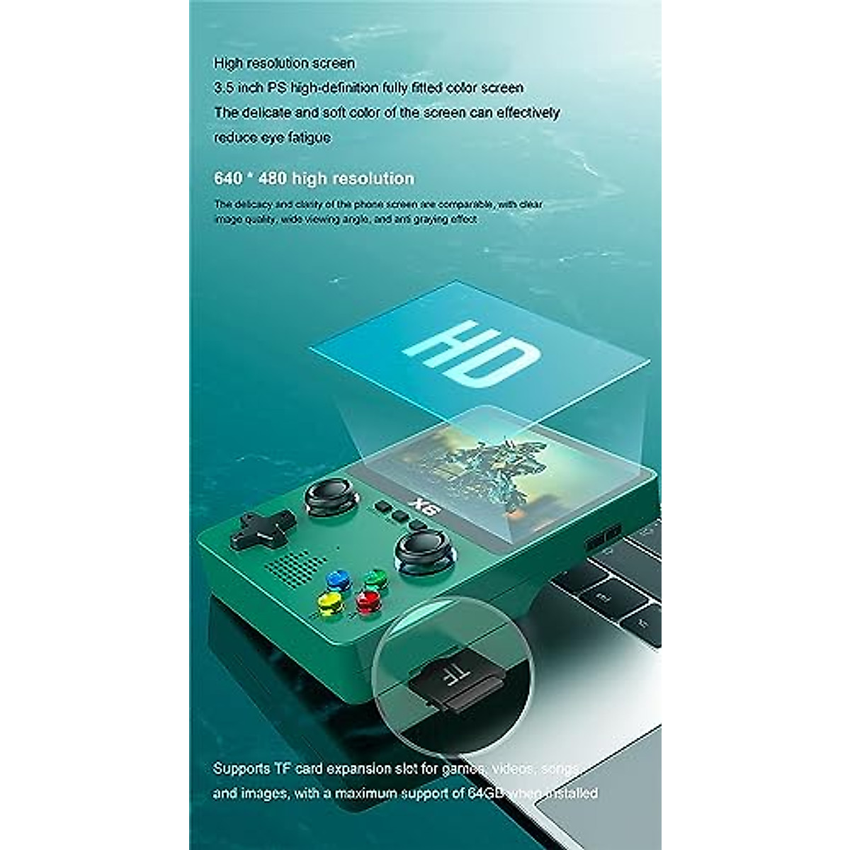 X6 Handheld Game Console, Retro Game Console Built-in 32GB 10000+ Classic Games, 3.5-inch OCA IPS Screen, Dual 3D Joystick, 11 Emulators, Handheld Gaming Console Support TV Output,Green