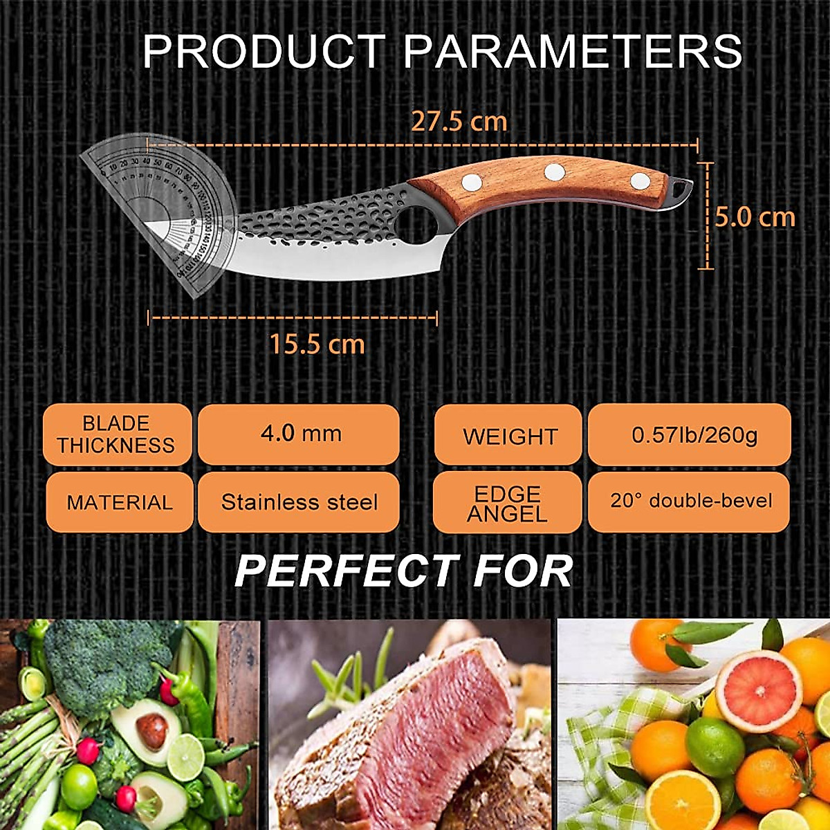 Venkidoo Viking Knife, Hand Forged Boning Knife with Leather Sheath & Package Box, Stainless Steel Meat Cleaver Outdoor Cooking Cutter Butcher Knife for Home Kitchen Outdoor BBQ Camping