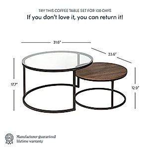 Nathan James Stella Round Modern Nesting Coffee Set of 2, Stacking Living Room Accent Tables, Rustic Oak/Gunmetal/Clear Glass