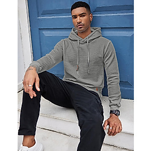 COOFANDY Mens Long Sleeve Drawstring Plaid Jacquard Hooded Sweatshirt, Grey, Medium