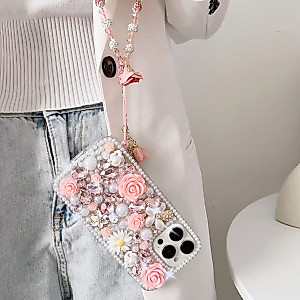 Changjia for iPhone 13 Pro Max Glitter Bling Case, Cute Luxury 3D Crystal Rhinestone Flowers Diamond Pearl with Wrist Strap Bracelet Chain Women Girls Case Cover for iPhone 13 Pro Max 6.7Inch (Pink)