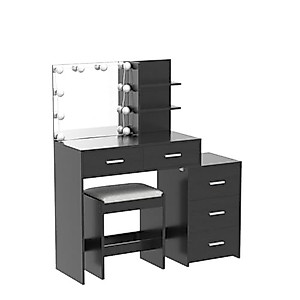 usikey 43.5in Large Vanity Desk with Mirror and 10 LED Lights, Makeup Vanity Table with Lights and 5 Drawers, Black Vanity Table Vanity Set with Storage Shelves and Stool for Women Girls, Black