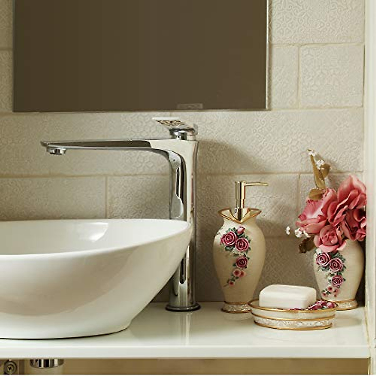 Glarcy Bathroom Accessories Set - Soap Dispenser, Tumbler/Toothbrush Holder, and Vanity Tray - Luxury Hand Painted Decor