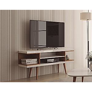 Manhattan Comfort Utopia Collection Mid Century Modern TV Stand With Open 3 Open Shelves and Two Open Cubbies, White/Wood