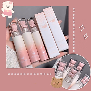 2Pcs Pink Bear Lip Glaze Matte Liquid Lipstick Cute Bear Velvet Lipgloss Moisturizing Lip Stain Waterproof Long Lasting Nude Brown Red Lip Mud Cheek Rouge Tint Cosmetics Bear Beauty Makeup