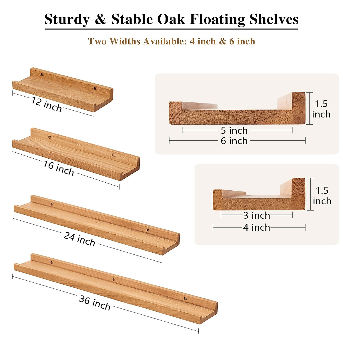 Oak Floating Shelves 24 Inch Wall Shelves for Decor and Storage, 4 Inch Deep Natural Solid Wood Shelf, Picture Ledge Shelf for Bedroom Bathroom Living Room KitchenLaundry Room