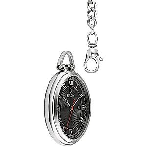 Bulova Classic Pocket Watch 3-Hand Date Quartz Stainless Steel, Black Dial with Detachable Chain Style: 96B308