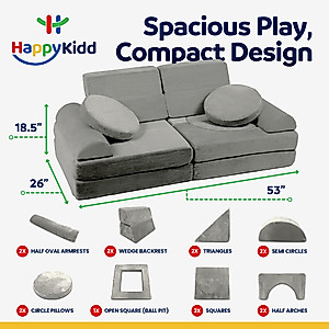 HappyKidd Modular Kids Play Couch - 15 Pieces Buildable Plush Play Couch Panels with Ball Pit Square, Backrests - Kids Sofa Couch Furniture for Ages 5-12, Kids Couch for Playroom, Bedroom, Classroom