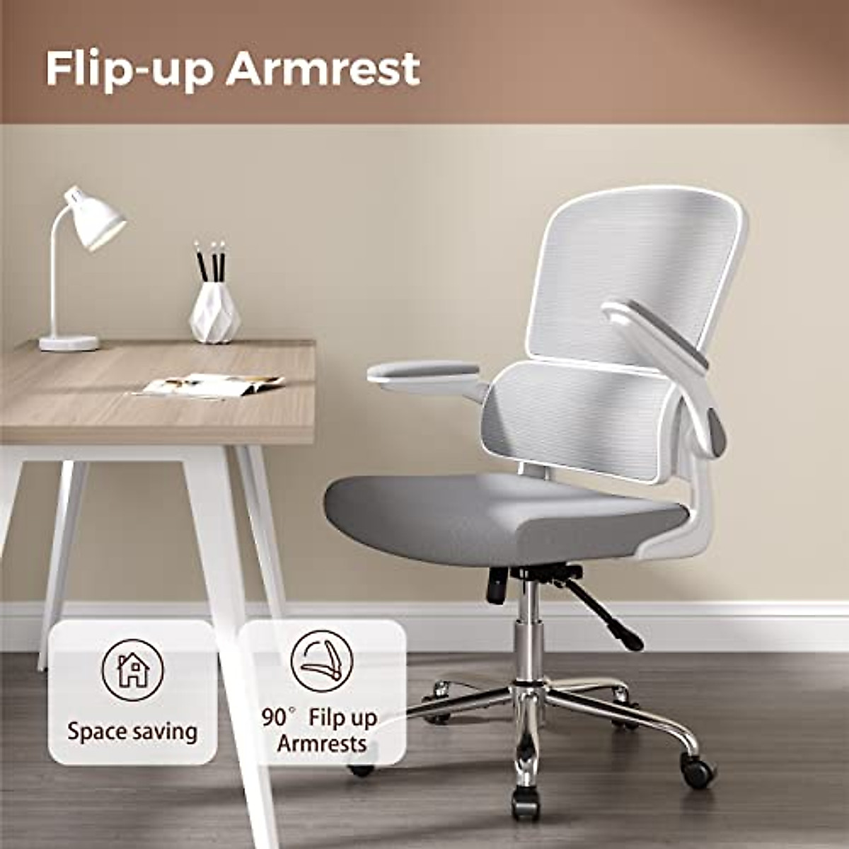 Logicfox Ergonomic Office Chair, Comfortable Office Chair with Flip-up Arms, Adaptive Lumbar Support, Mesh Computer Chair with Thick Cushion, White Office Desk Chair with 90°-130° Tilt Function