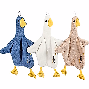 Pearlead 3Pcs Hanging Hand Towels with Hanging Loop Absorbent Coral Fleece Hand Towels for Kitchen Cute Goose Thick Kitchen Cloth Dish Towels Hand Dry Towels for Bathroom Khaki White Blue