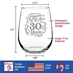 Cheers to 30 Years - Stemless Wine Glass Gifts for Women & Men - 30th Anniversary or Birthday Party Decor - Large 17 Ounce Glasses