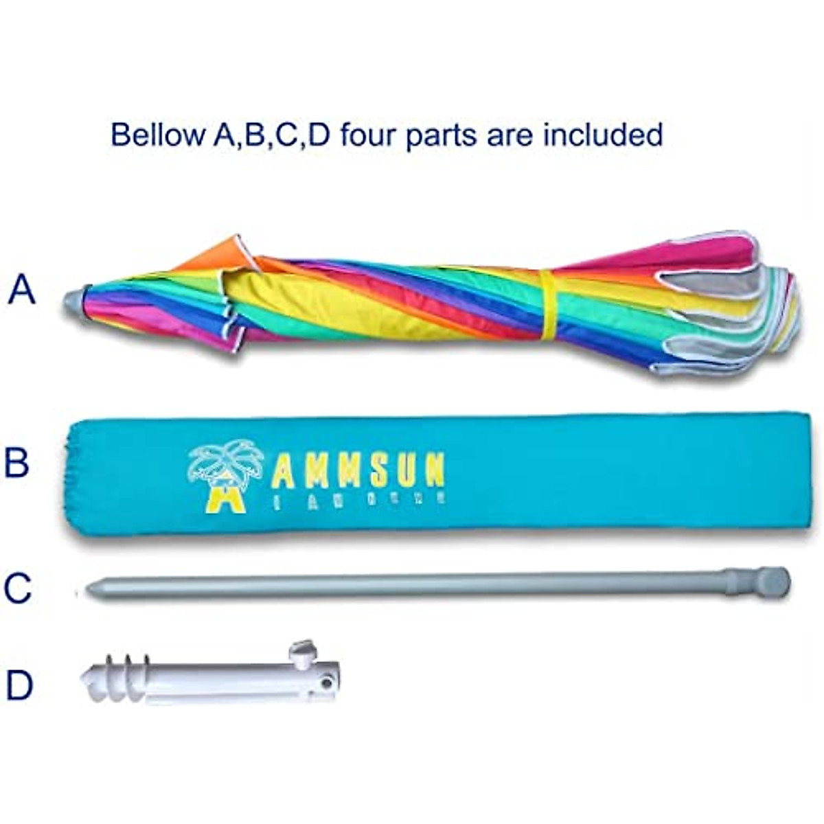 AMMSUN 7.5 Foot Heavy Duty HIGH Wind Beach Umbrella with sand anchor & Tilt Sun Shelter, UV 50+ Protection Outdoor Sunshade Umbrella with Carry Bag for Patio Garden Beach Pool Backyard (Rainbow)