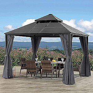 ABCPATIO 12x12 Hardtop Gazebo - Outdoor Polycarbonate Double Roof Gazebo Canopy, Metal Frame Permanent Pavilion with Curtains and Netting for Patio, Garden, Patio, Lawns (Dark Gray)