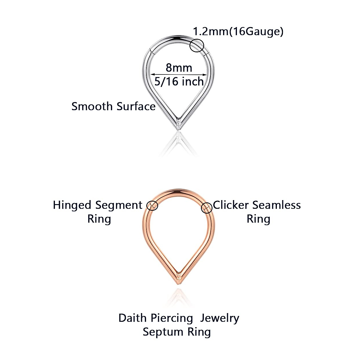 Lantine Teardrop Septum Ring Set 316 Stainless Steel Daith Piercing Jewelry Rook Snug Tragus Cartilage Hinged Segment Clicker Ring