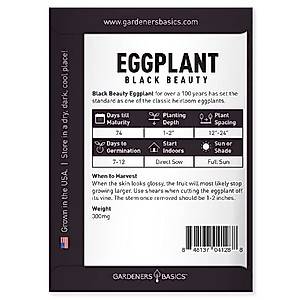 Eggplant Seeds for Planting - Black Beauty Solanum melongena is A Great Heirloom, Non-GMO Vegetable Variety- 300 mg Seeds Great for Outdoor Spring, Winter and Fall Gardening by Gardeners Basics