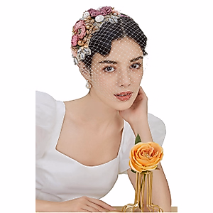 BABEYOND 1920s Fascinator Mesh Flower Pearl Veil Headband Bridal Wedding Tea Party Fascinator Veil for Women