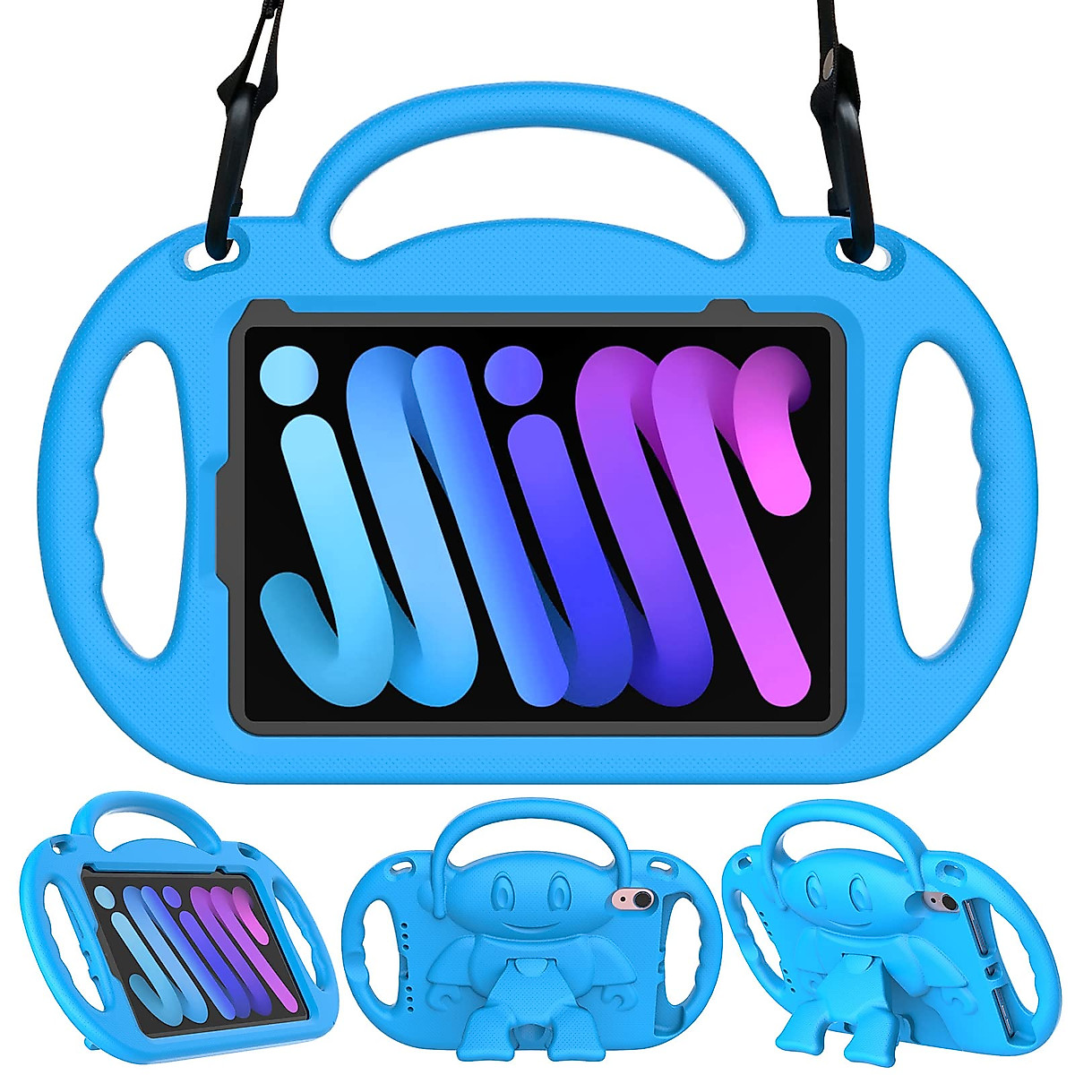 SUPLIK Kids Case for iPad Mini 6 (8.3 inch, 2021), iPad Mini 6th Generation Case with Shoulder Strap, Kidproof Shockproof Handle Stand Protective Case for Apple iPad New Mini (6th Gen), Blue