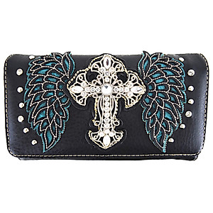 Western Style Rhinestone Cross Studded Laser Cut Wings Tooled Leather Purse Women Handbags Country Shoulder Bag Wallet Set (2Black/Turq Set)