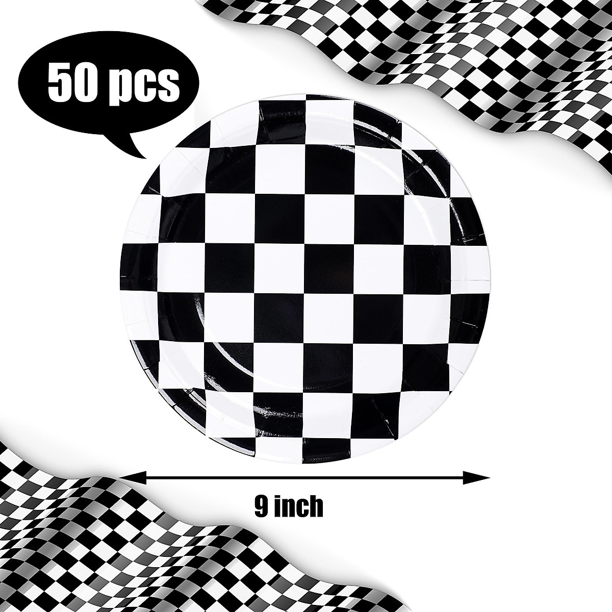 50 Packs Racing Car Paper Plates 9" Black and White Disposable Plates Checkered Flag Party Plates Round Dessert Dinner Paper Plate for Race Car Party Supplies Kids Birthday Tableware