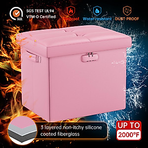 DocSafe Storage Ottoman with Lock,Fireproof Folding Ottoman Foot Rest Stool Storage Chest with Storage Safe for Important Documents,Waterproof 17 Inches Short Ottoman Foot Stool with Handles,Pink