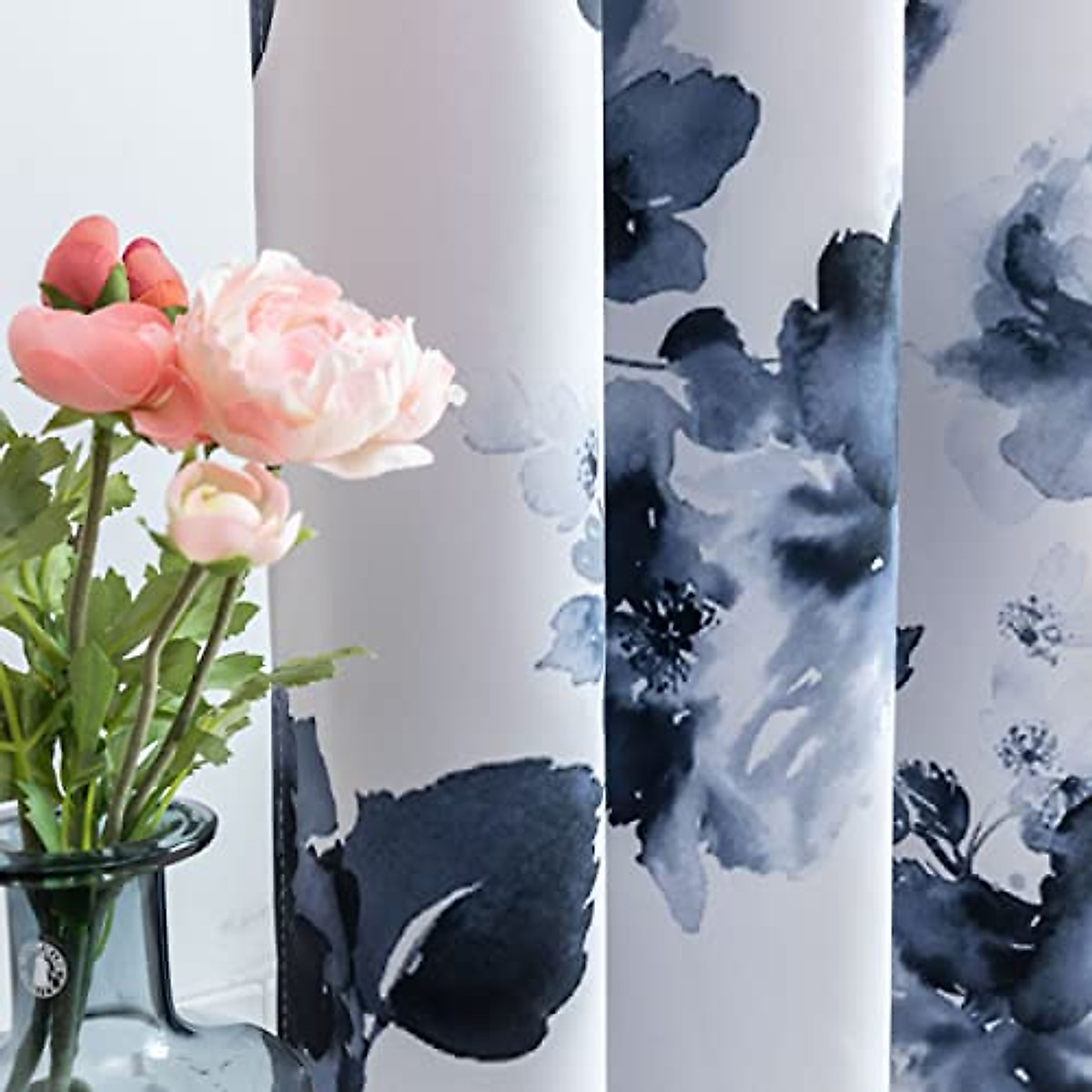 Taisier Home 84 Inch Grommet Room Darkening Window Curtain Drapes, Chinese Traditional Ink Painting Stylized Leaves and Flower,Artwork,Deep Blue Print Curtains for Living Room Bedroom and Nursery