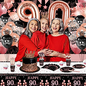 Rose Gold 90th Birthday Decorations for Women Men 150 PCS Black Rose Gold 90th Birthday Party Supplies Includes Rose Gold Happy 90th Birthday Banner Balloons Napkins Cups Tablecloth Plates Foil