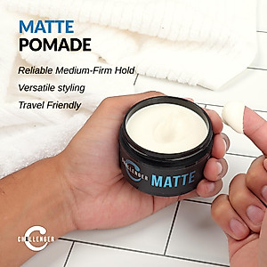 Challenger Matte Cream Pomade | Natural, Shine Free Styling Product | Medium Firm All-Day Hold | Travel Friendly Water Based Hair Gel | For All Hair Types | 1.5oz