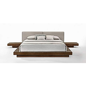 Limari Home Albina Collection Modern Style Bedroom Walnut Veneer Finished Leatherette Upholstered Platform Low Profile Bed, King, Brown, Grey