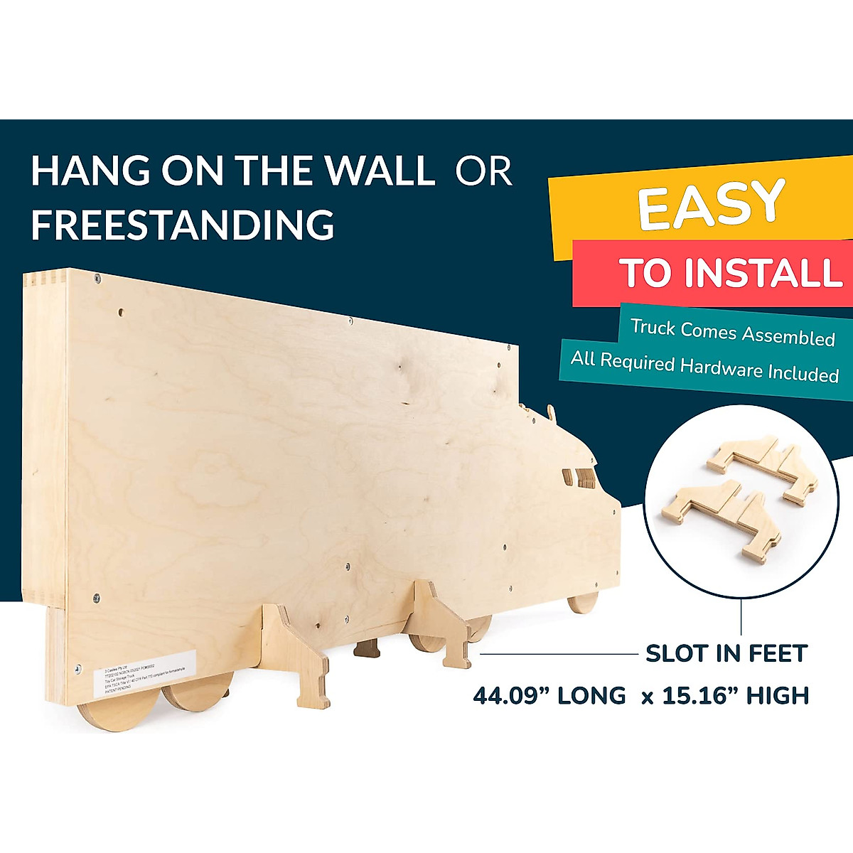 Wood Toy Car Storage Organizer Truck – Holds 48 Diecast Cars - Freestanding or Wall Display Case Shelf – Matchbox & Hot Wheels Car Compatible, FSC Wood, Included Cleanup Game – Toy Storage for Ages 3+