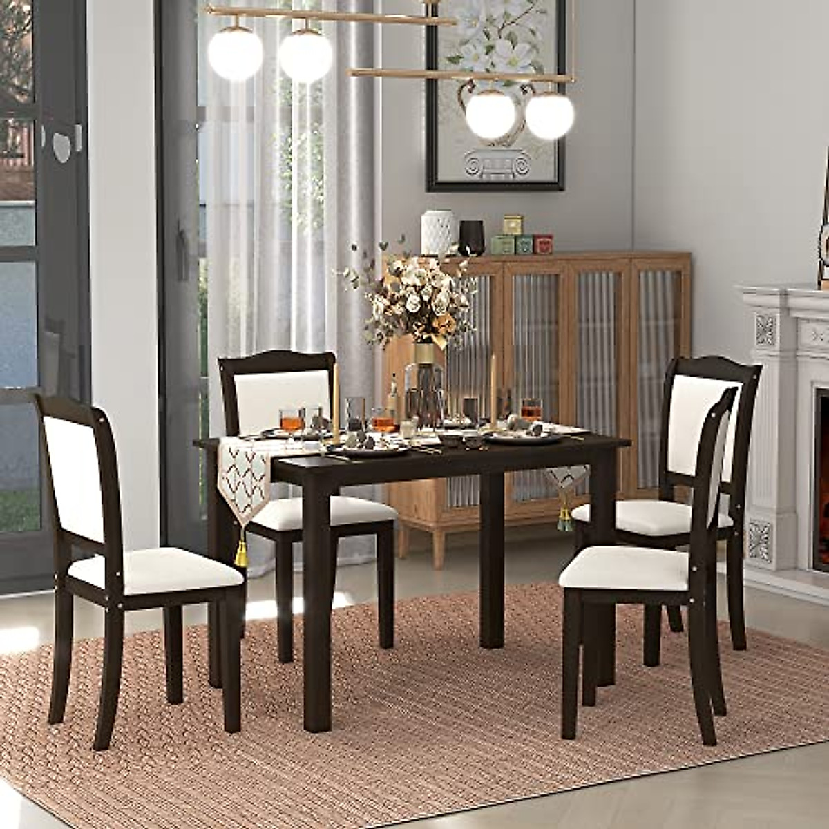 WOZNLA Room 5-Piece Mid-Century Dining Set-Rectangular Wood Table with 4 Upholstered Chairs-Perfect for Family Kitchen and Small Spaces-Stylish and Functional Furniture for Modern Homes, Espresso