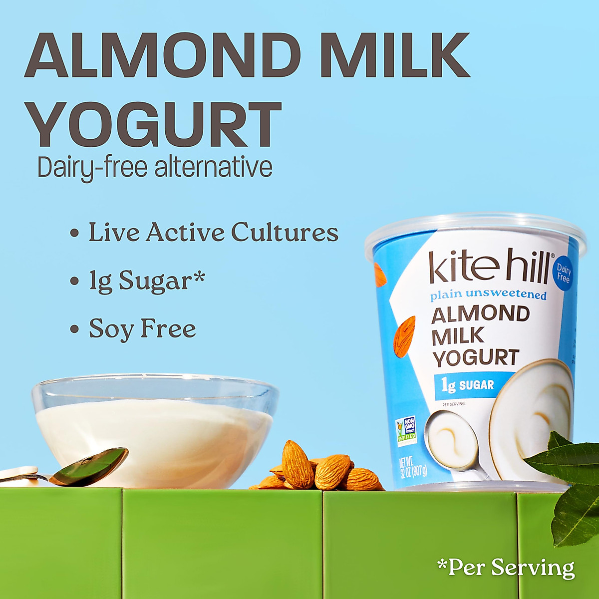 Kite Hill Plain Unsweetened Almond Milk Yogurt, 32 Ounces, Dairy Free, Live and Active Cultures, Gluten Free, Non-GMO, Vegan