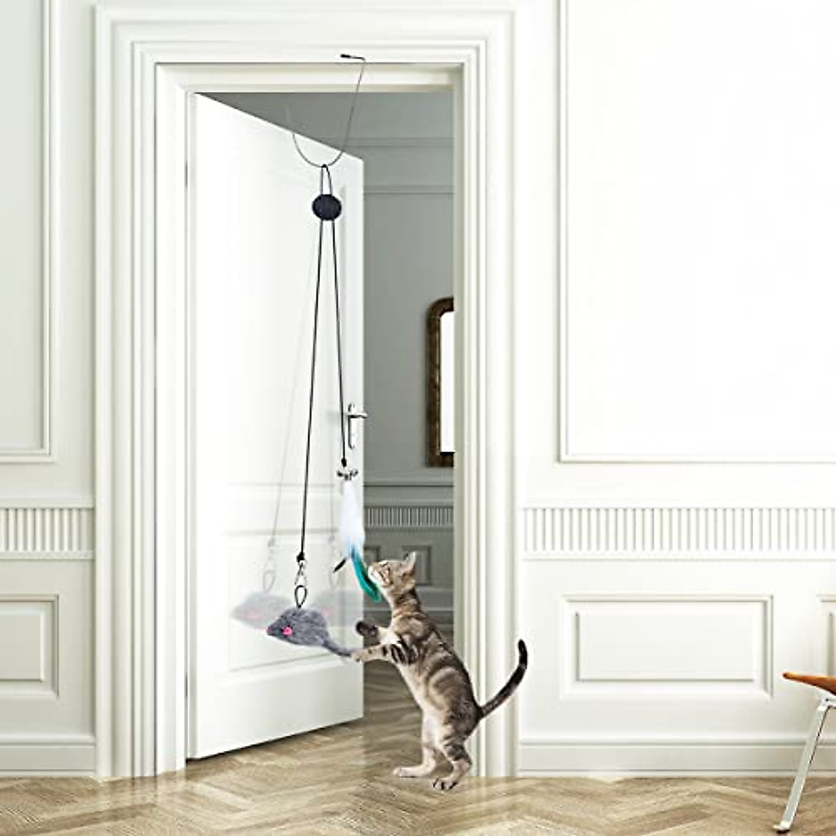 Otunrues Cat Feather Toys, Interactive Cats Toy for Indoor Cats, Hanging Cat Toys Doorway Retractable Cat Teaser Toy 4PCS Replaceable Natural Feathers Refills Play Exercise Puzzle Toys