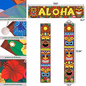 90shine 3PCS Hawaiian Luau Party Decorations Tiki Banners Aloha Tropical Moana Flamingo Door Porch Signs Wall Hanging Decor Supplies