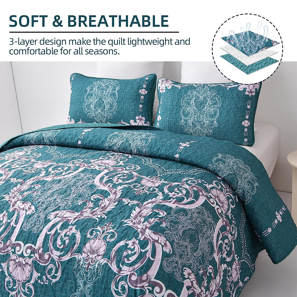 Dobuyly Teal Quilt Set Queen Size, 3 Pieces Boho Damask Green Bedspread Coverlet Set with 2 Pillowcases, Soft Lightweight Microfiber Luxury Quilt Bedding Set for All Season 96"x90"
