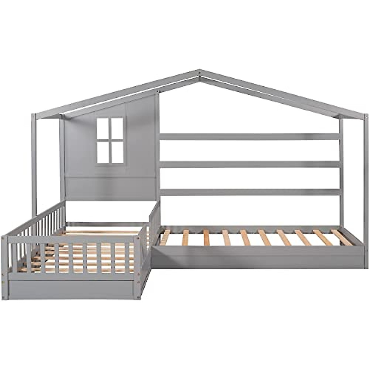 Harper & Bright Designs House Bed with Double Twin Beds, Wood L-Shaped 2 Platform Beds Roof ,Window,Fence and Slatted Design, Corner Playhouse Frame ,Montessori for Kids Girls Boys ,Grey