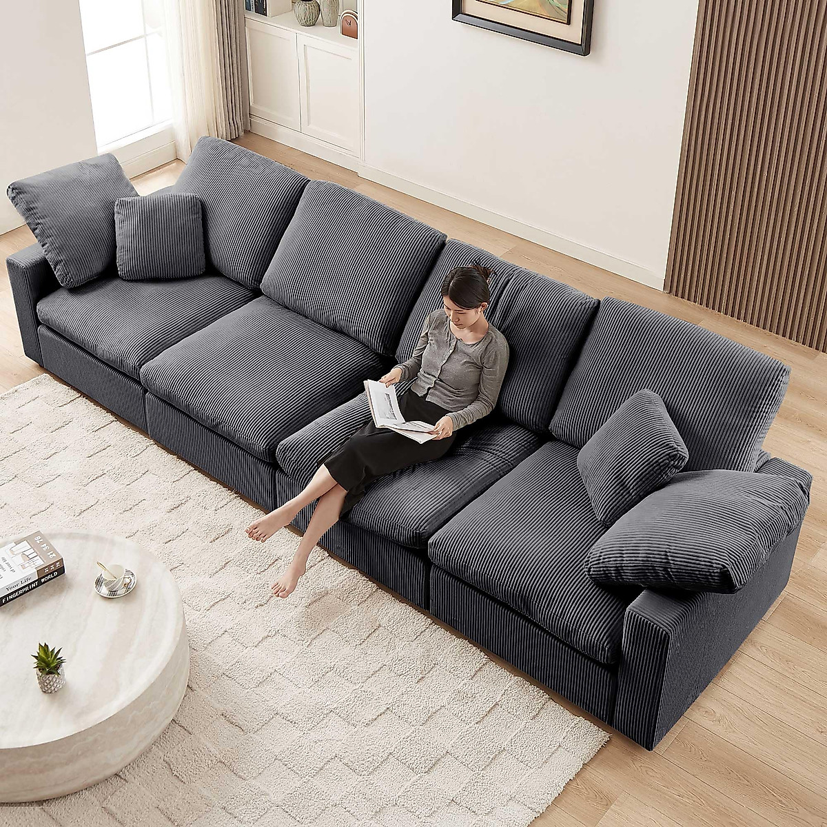 Mofolit Oversized Sectional Sleeper Sofa Couch w/Deep seat, Big Comfy Corduroy Couch w/overstuffed Cushion, Modular sectional Cloud Couch,L Shaped Couch Setional for Living Room (Grey)