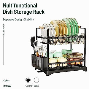 E-ROOM TREND Dish Drying Rack,Black Large Capacity and Multifunctional Carbon Steel Dish Rack, 2-Tier Dish Drying Rack, Rustproof Kitchen Dish Drying Rack with Drainbo & Utensil (DR201W)