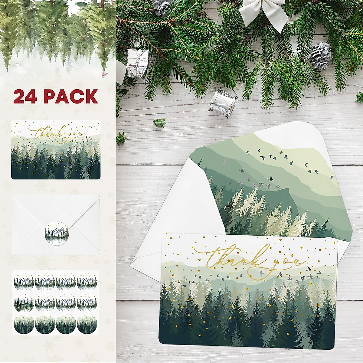 Artoid Mode 24 Pack Mountain Forest Thank You Cards Golden Polka Dot Greeting Cards Gift With Envelope Sticker Blank Note Cards for Birthday Wedding Baby Shower Bridal Shower, 4 x 6 Inch