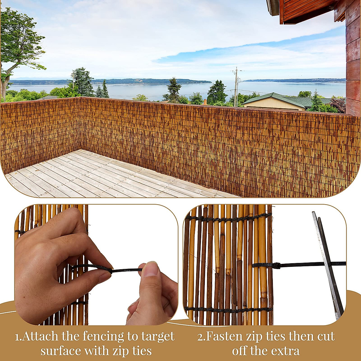 2 Pcs Natural Reed Bamboo Fencing Roll, Bamboo Privacy Screen 3.3 ft x 13.3 ft and 200 Pcs Nylon Black Cable Ties Cord for Garden Balcony Window Indoor Outdoor(Dark Brown)
