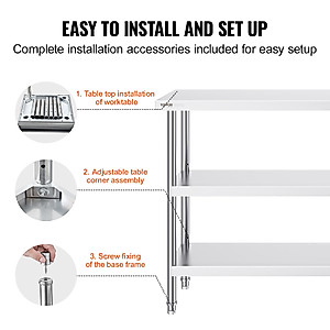 VEVOR Stainless Steel Food Prep Table, 14 x 60 x 34 Inch Commercial Kitchen Worktable, with 2 Adjustable Undershelf, Heavy Duty Prep Table Metal Work Table for BBQ, Kitchen, Home, and Garage
