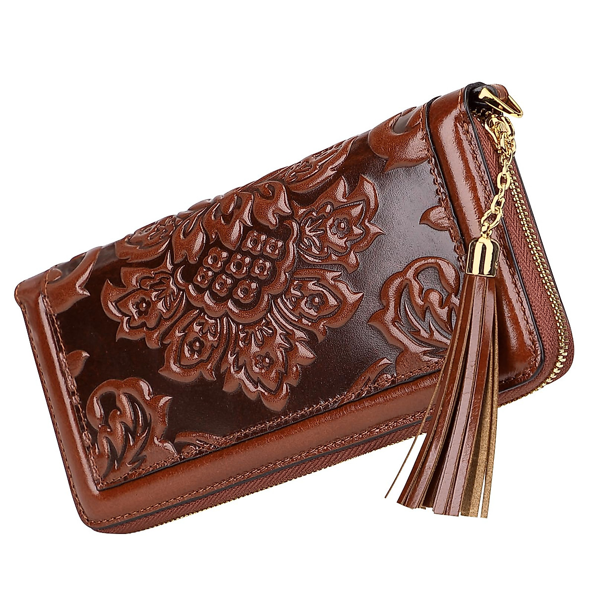 PIJUSHI Leather Wallets For Women Floral Wristlet Wallet Card Holder Purse (91853 Brown)
