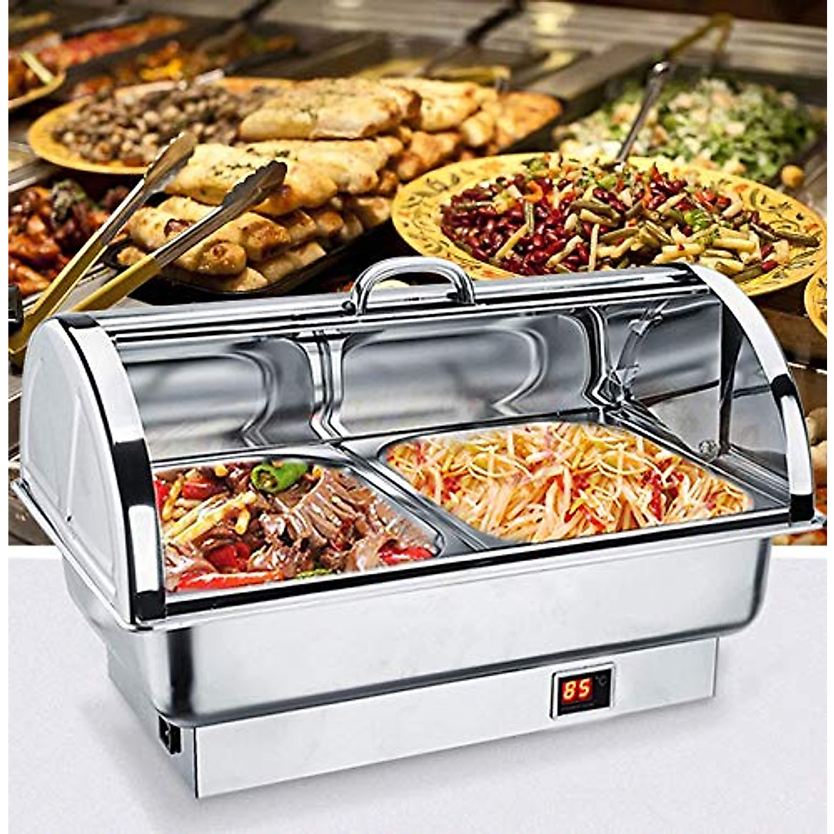 Stainless Steel Chafing Dishes 9L Buffet Server and Warmers Catering Food Warmers with 90° Half Clamshell for Parties Buffets Banquets - Adjustable (Full Size)