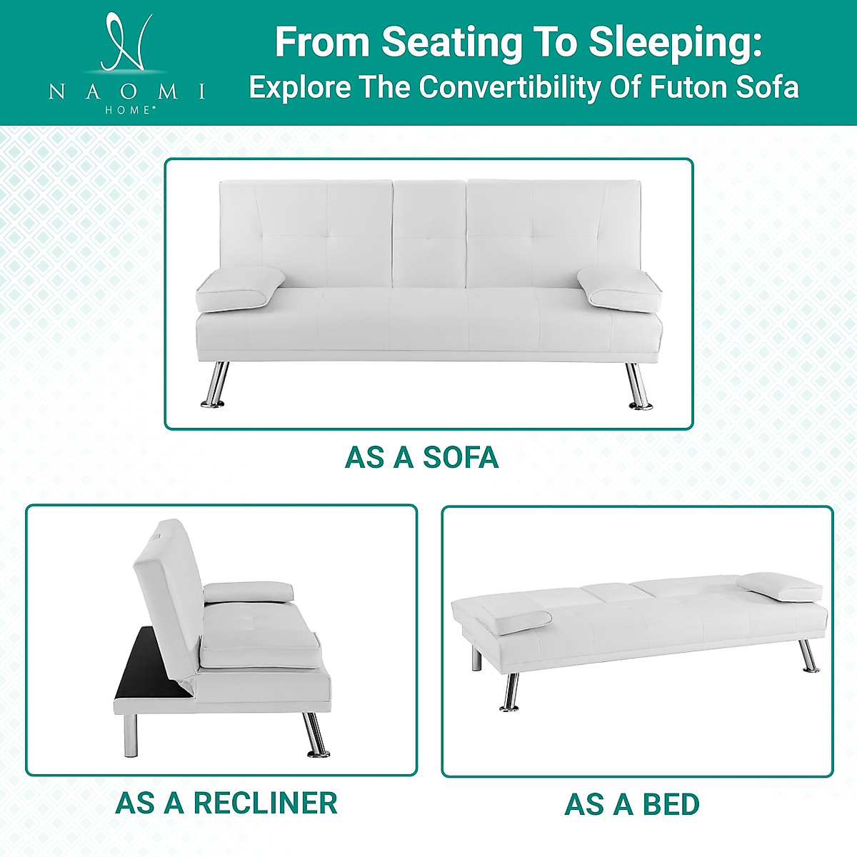 Naomi Home White Faux Leather Futon Sofa Bed, 3-Position Reclining Small Couch with Armrest, 2 Cupholders, 500 lbs Weight Capacity, Living Room