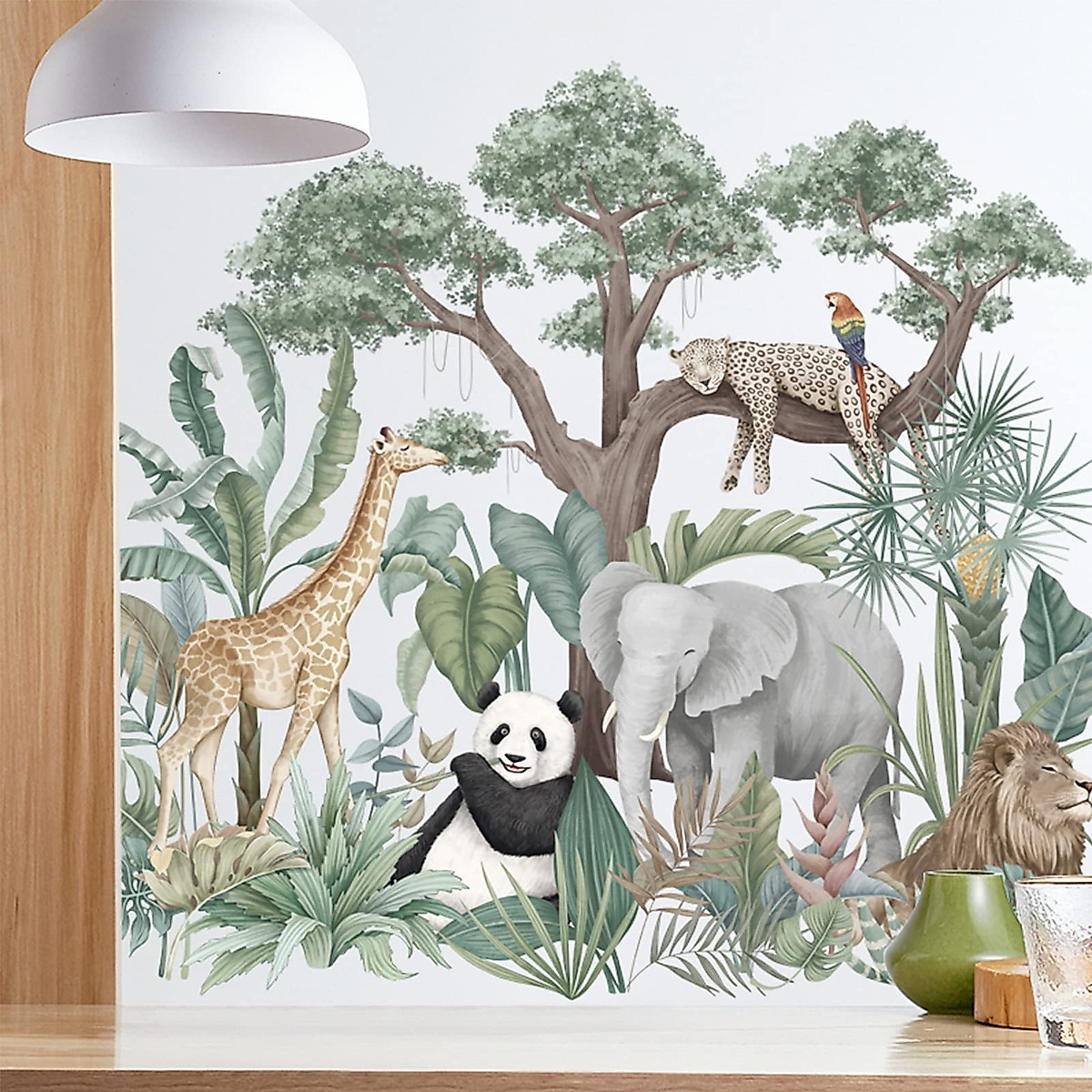Tropical Green Plant Jungle Animal Wall Stickers, Removable Large Tree Vinyl Wallpaper Decal, DIY Art Murals for Kids Bedroom Nursery Home Decor (A)