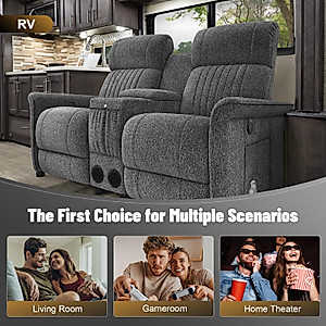 IROSTAE Loveseat Recliner Sofa with Console, RV Reclining Loveseat with Folding Side Table, Manual Love Seat Recliner Sofa with Bluetooth Speakers, Double Recliner Loveseat with USB Ports - Grey
