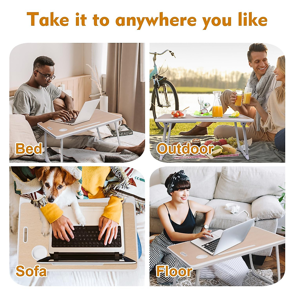 Amaredom Laptop Bed Desk Tray Bed Table, Foldable Portable Lap Desk with Storage Drawer and Cup Holder for Eating Breakfast on Bed/Couch/Sofa-White Oak