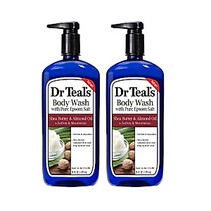 Dr Teal's Epsom Salt Bath and Shower Body Wash with Pump - Shea Butter and Almond Oil - Pack of 2, 24 Oz Each - Soften and Moisturize Your Skin, Relieve Stress and Sore Muscles