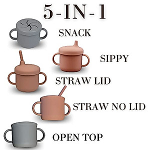 Silleebee Silicone 5-in-1 Toddler Open Training Cup | 3 Interchangeable Lids with Straw and Handles | Sippy and Snack Option for Babies | Infant 6 mos+