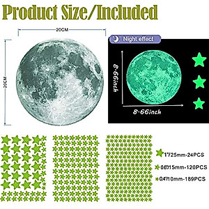Glow in The Dark Stars and Moon Wall Stickers for Baby Room, Luminous Wall Decal Realistic Star and 3D Full Moon Starry Sky Decoration for Kid Toddler Bedroom, Ceiling Halloween decor (333Stars,1Moon)