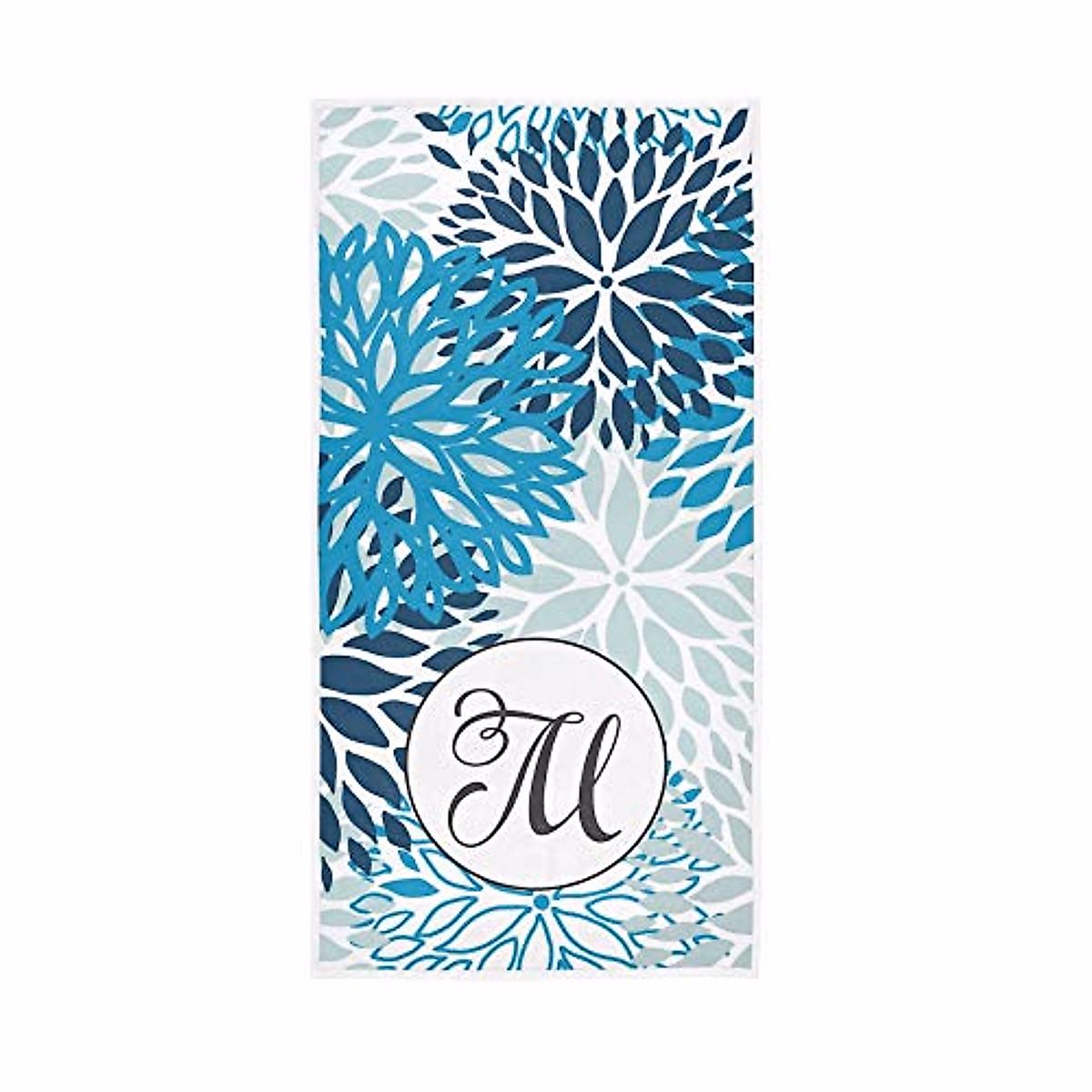 Oreayn Monogrammed Hand Towel for Bathroom Kitchen Polyester and Cotton 30 x 15 inch Soft and Absorbent, Blue and Navy Chrysanthemum Flowers Pattern, Monogram Letter M
